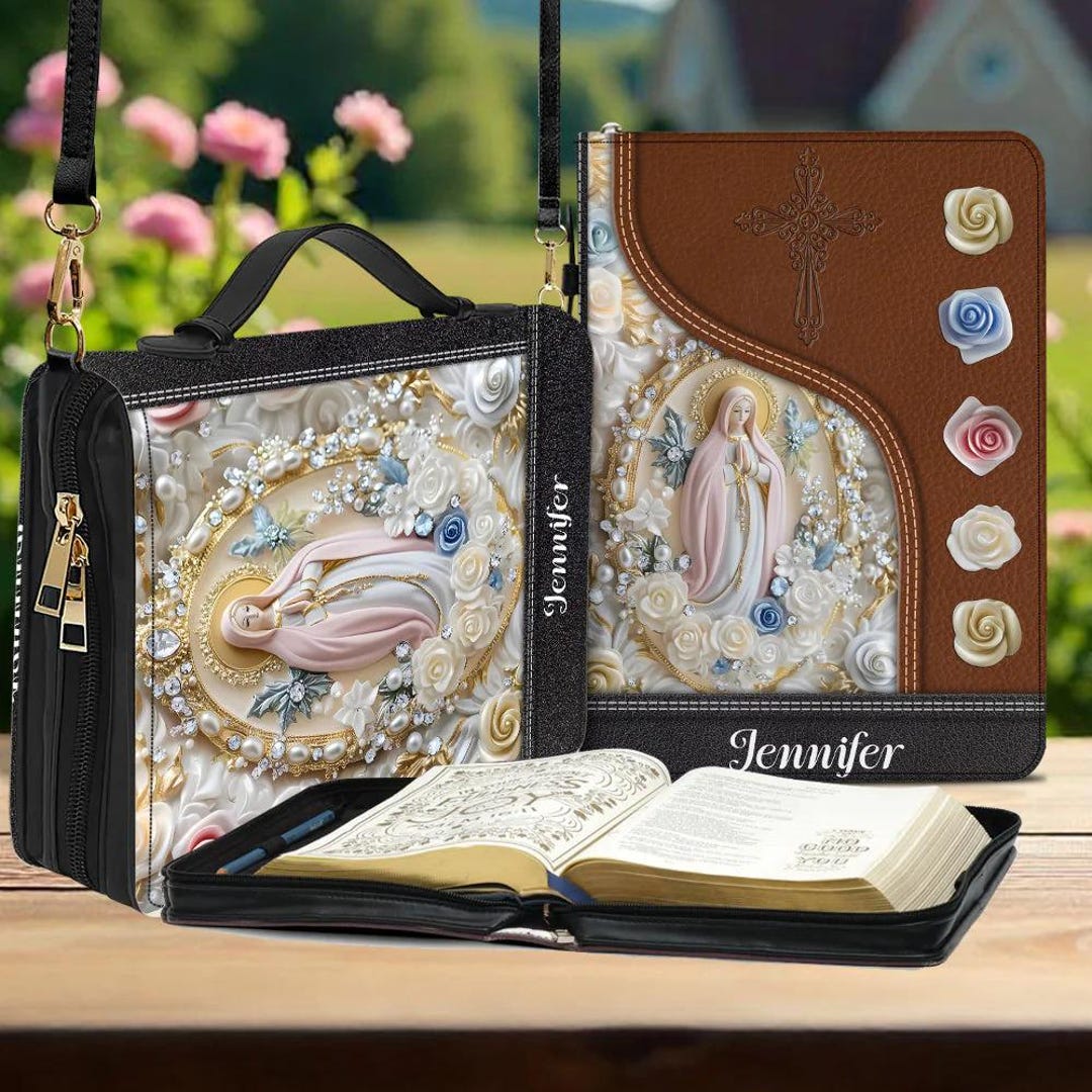 Personalized Christian Leather Bible Cover Bag, Virgin Maria Religious ...