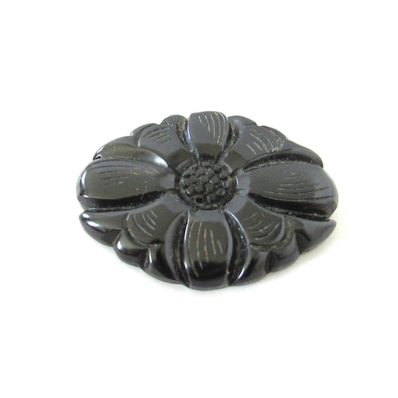Carved Bakelite Black Brooch Large - Gem