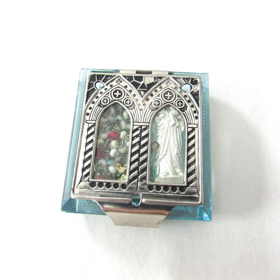 Glass Reliquary Rosary Statuette Box Antique Czech Blue St Anthony - Etsy