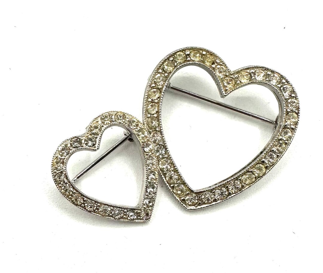 Pave Rhinestone Open Heart Brooch Pin Vintage Sterling Silver Art Deco ...