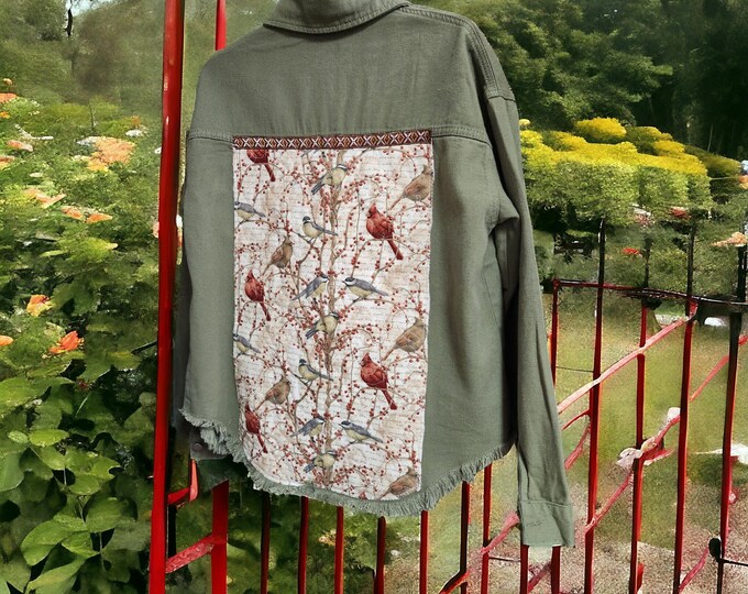 Upcycled Bird Themed Sage Green Denim Shacket Women's Large - Etsy