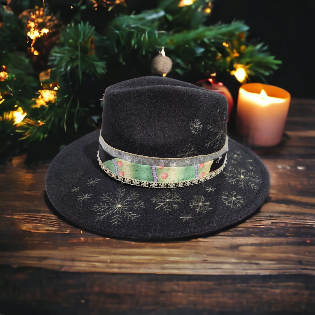 SALE PRICED Hand Burned and Painted Women's Black Felt Holiday Fedora ...