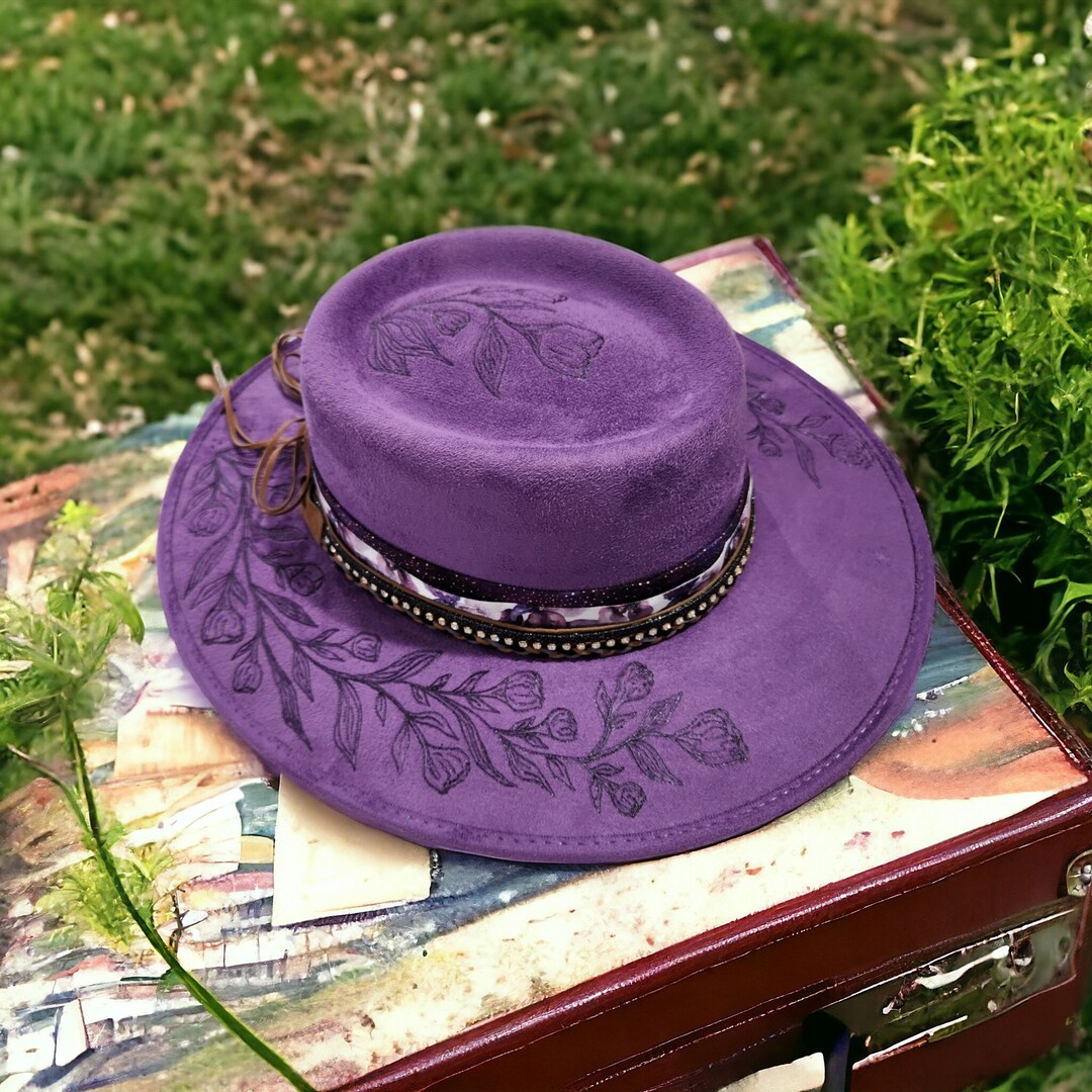 Hand Burned Deep Plum Colored Wide Brim Cowgirl Rancher Hat With Bling ...