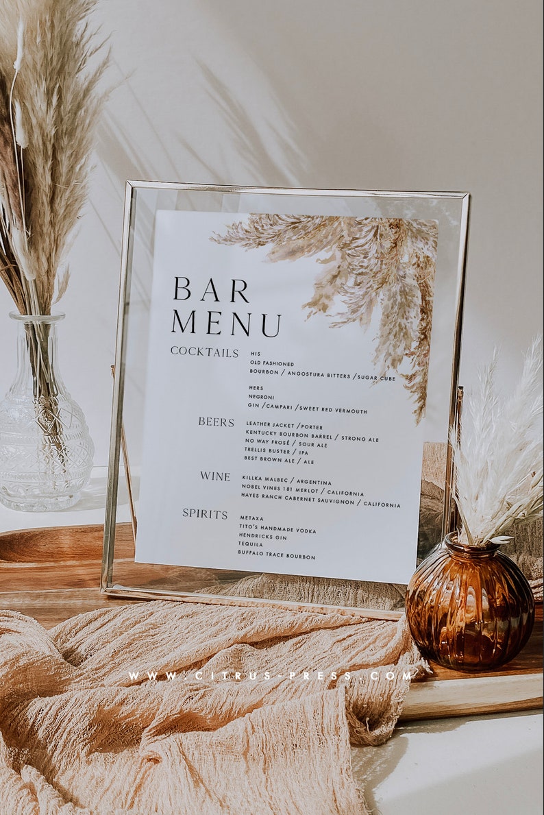 Pampas Grass Bar Menu Template 8x10 Boho Rust Desert | Etsy
