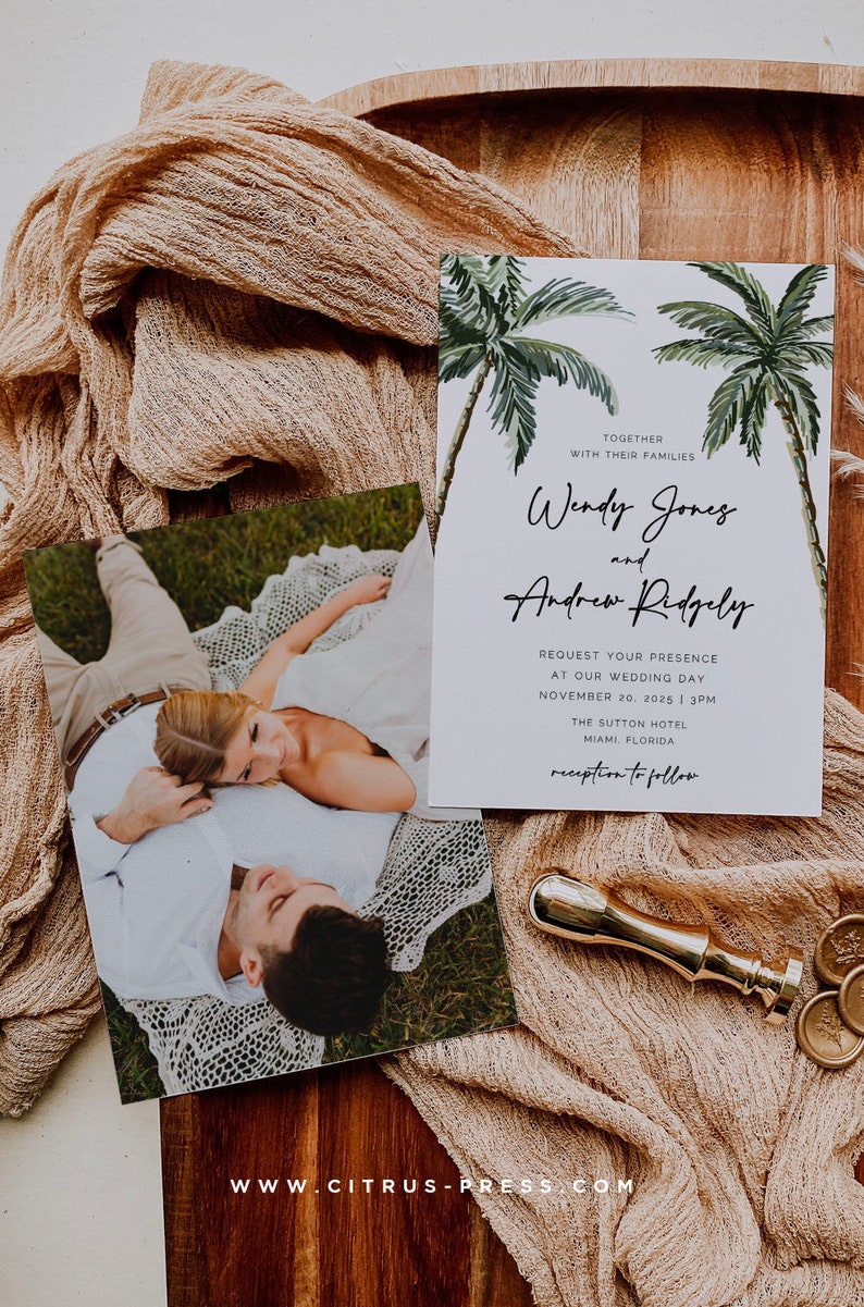 Tropical Palm Tree Wedding Invitation, Beach Wedding Invitation ...