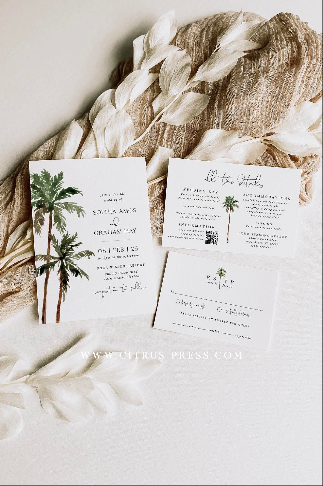 Tropical Palm Tree Wedding Invitation, Beach Wedding Invitation ...