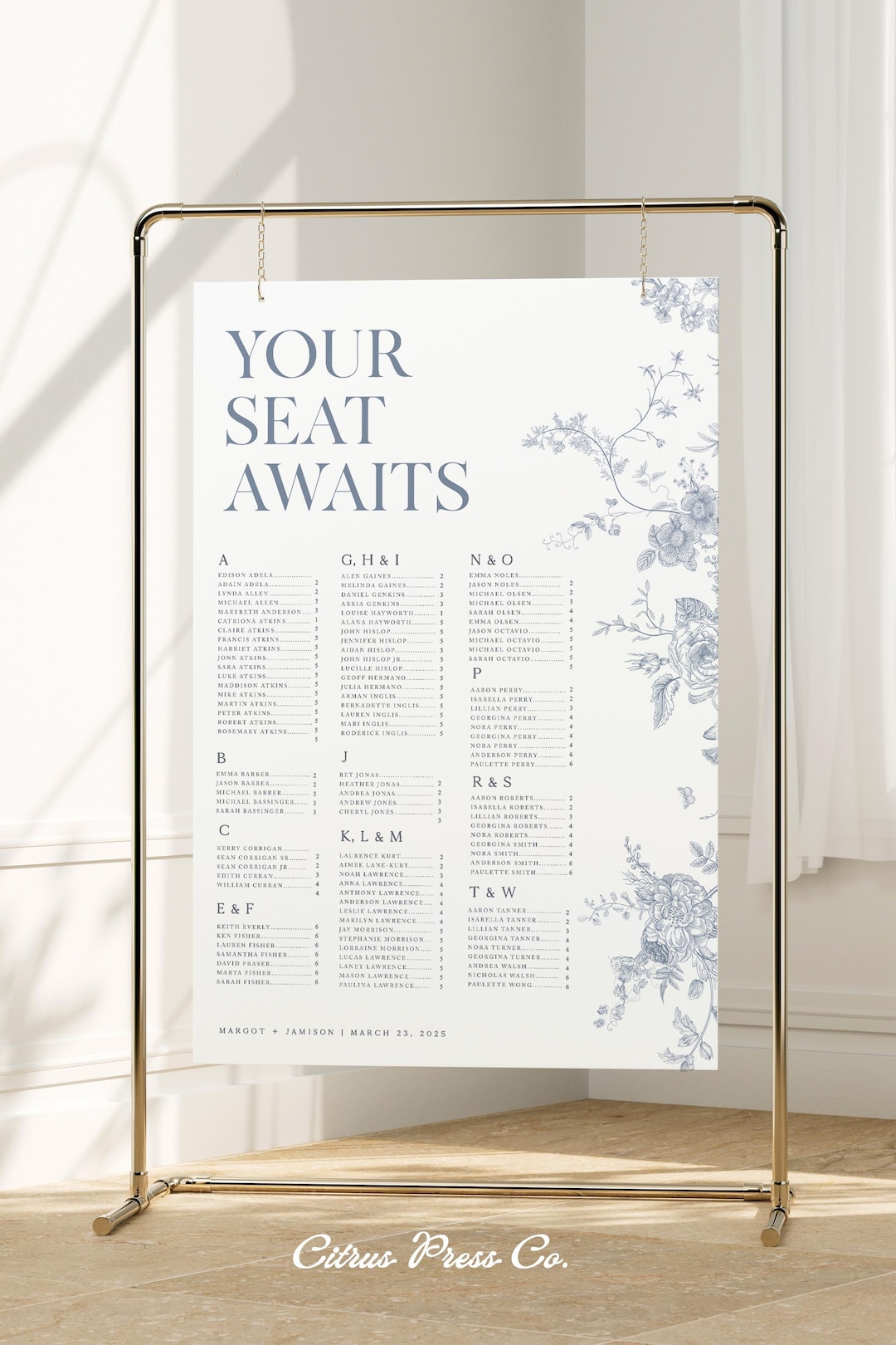Blue Floral Wedding Seating Chart, Seating Plan, Wedding Reception ...