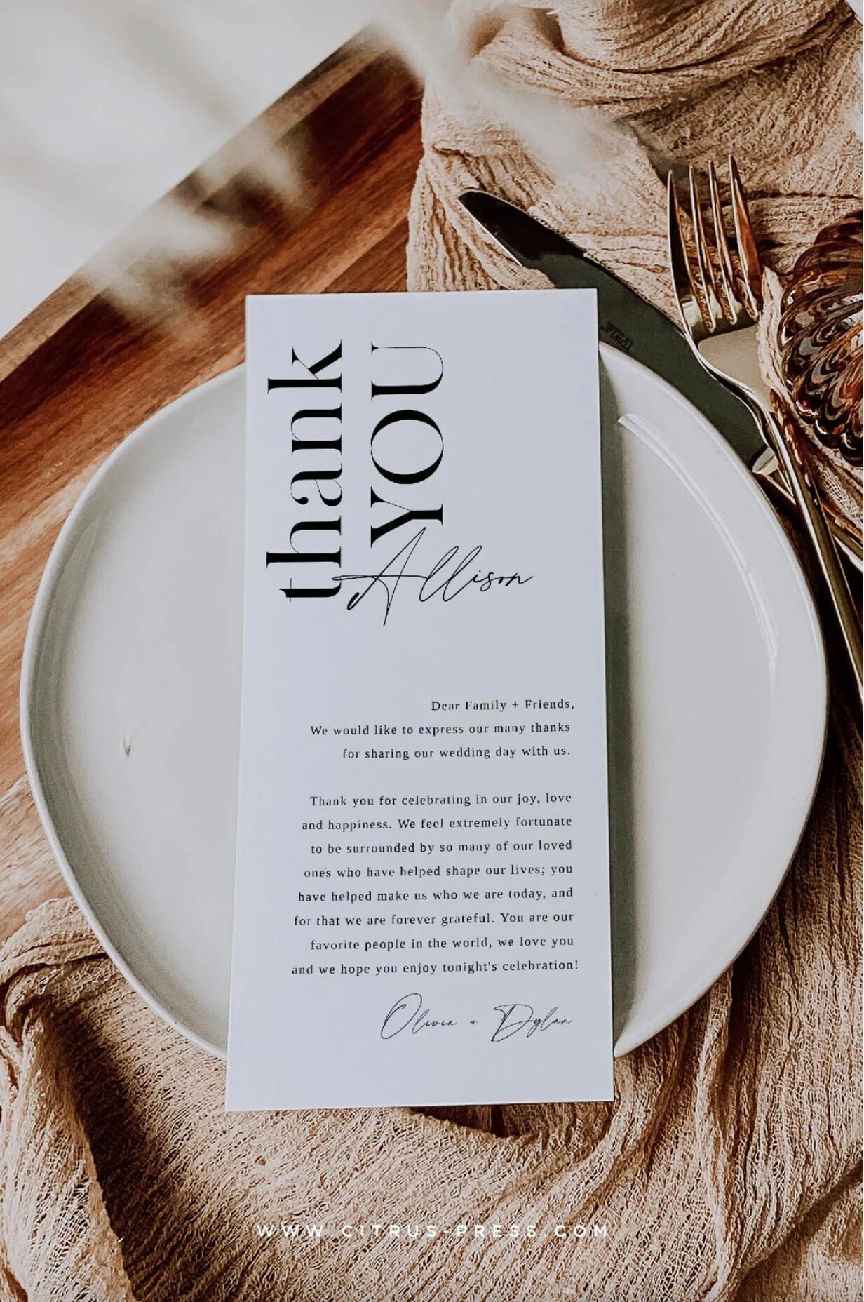 Minimal Thank You Menu With Guest Name, Place Card Wedding Menu, Place ...