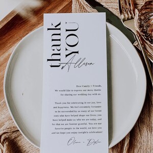 Minimal Thank You Menu With Guest Name, Place Card Wedding Menu, Place ...