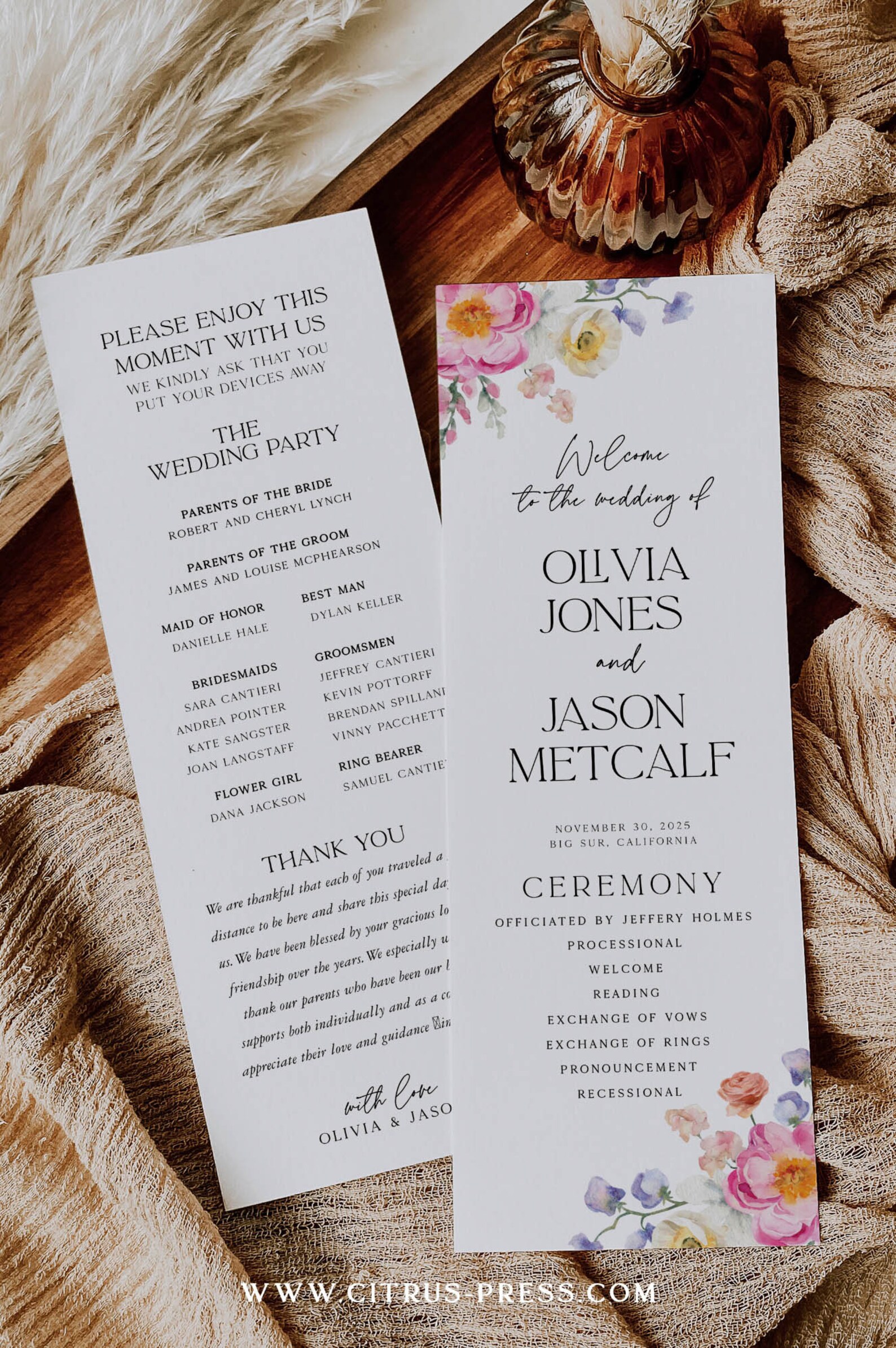 Floral Wedding Ceremony Program Unique Flower Program Day of Paper ...