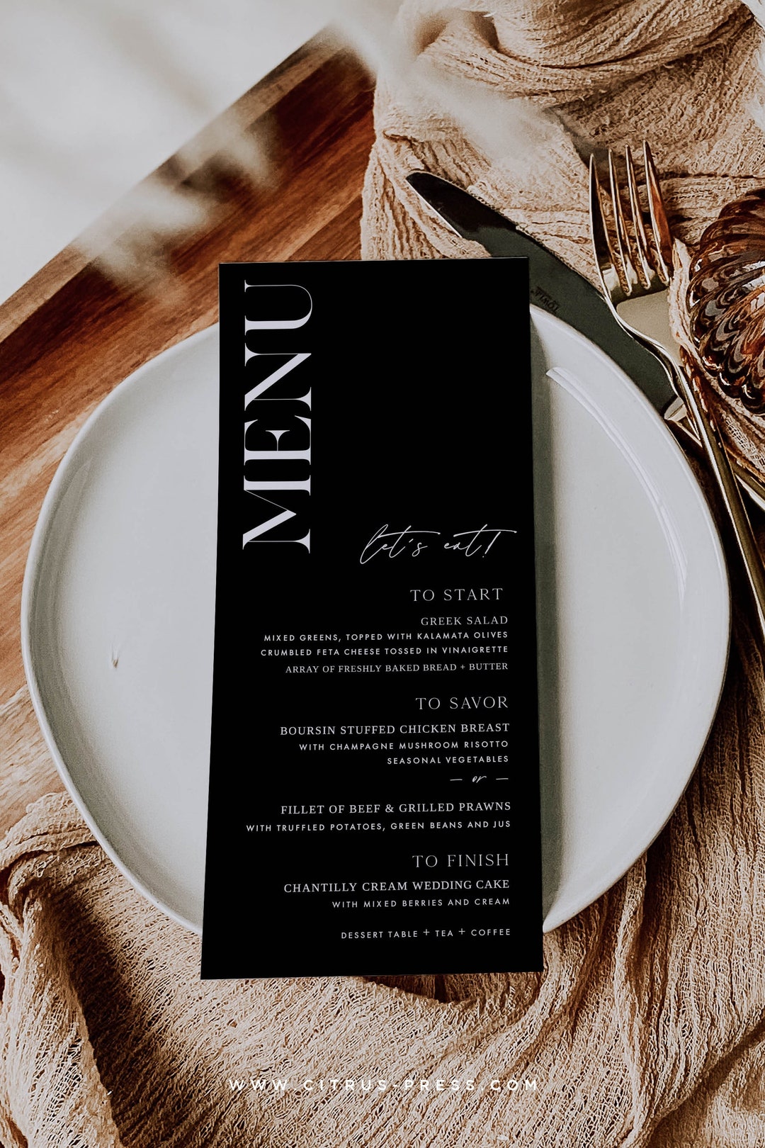 Minimal Wedding Menu, Black Background White Text, Black and White ...