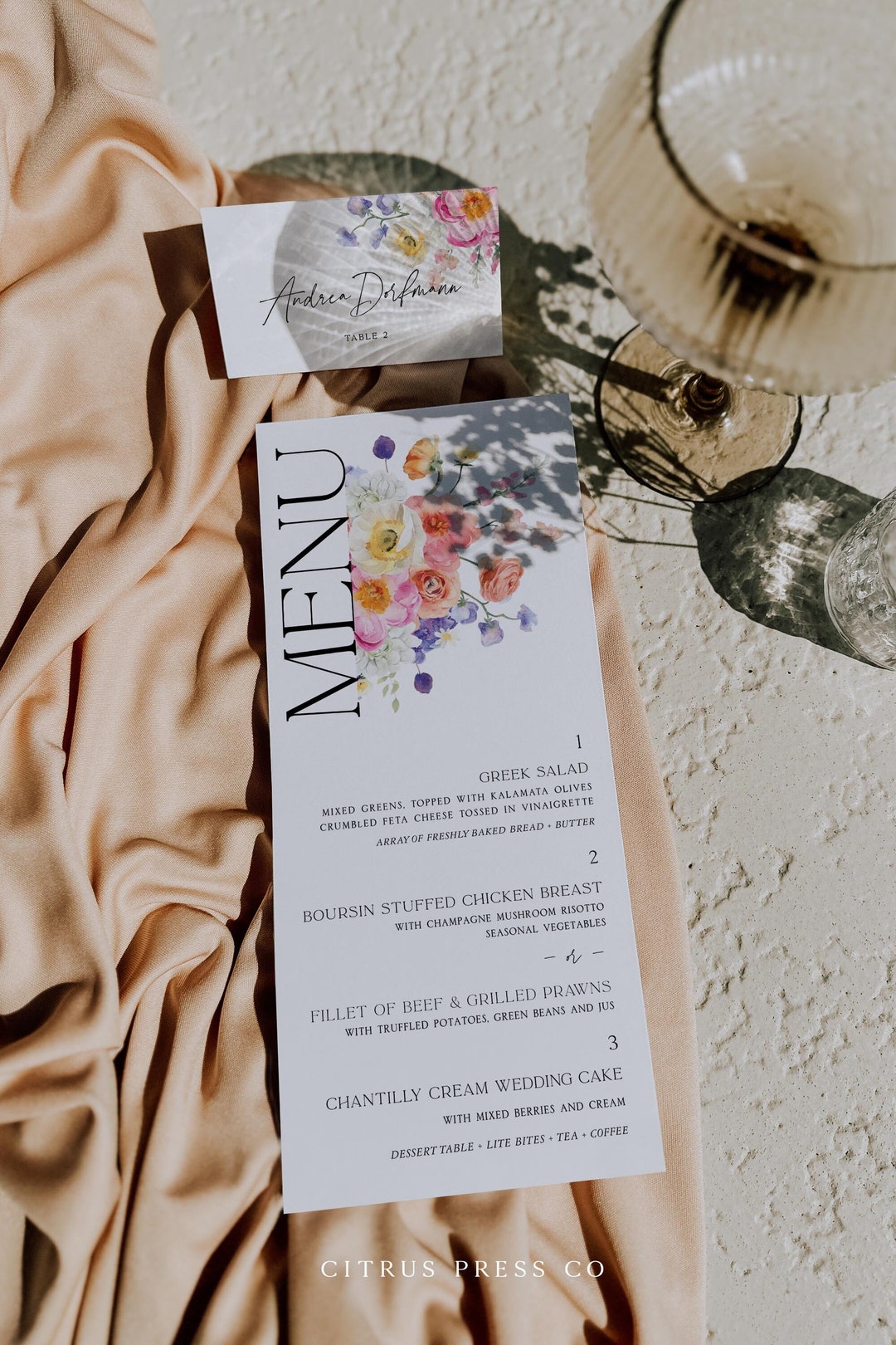 Spring Flower Menu and Place Card Template Bundle, Wedding Reception ...