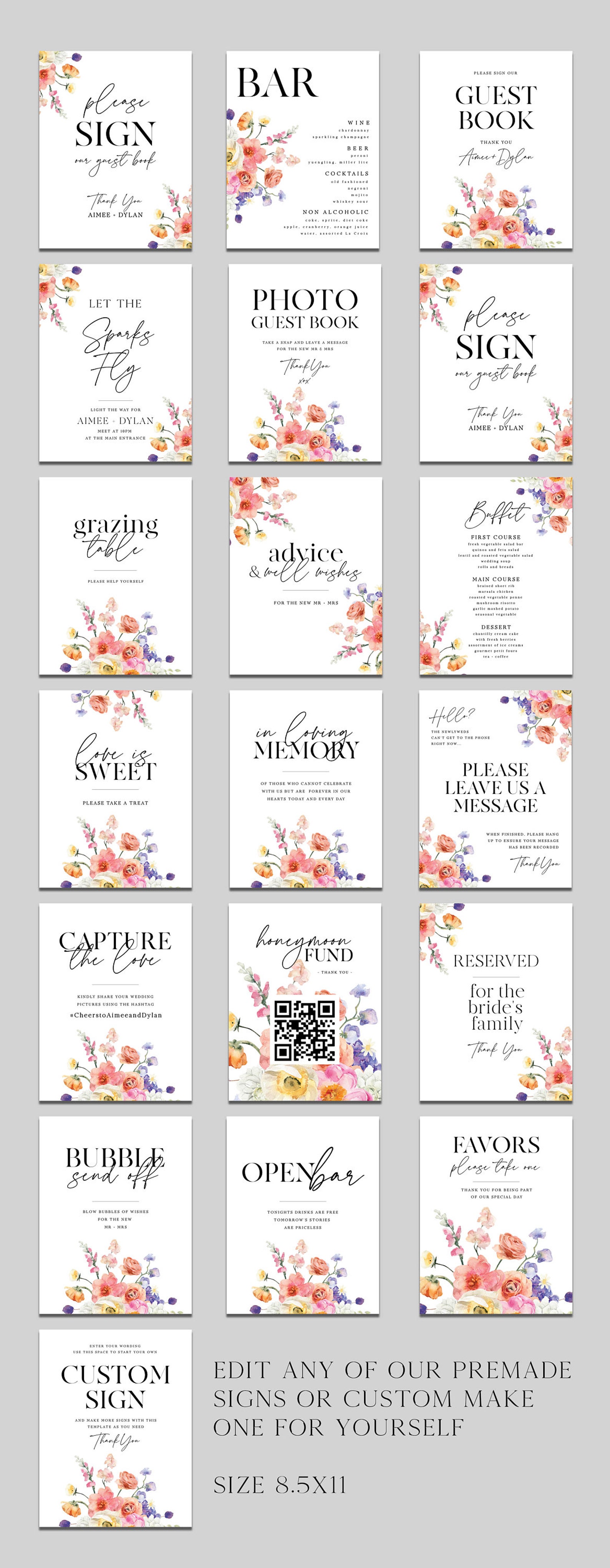 Spring Flower Wedding Day of Signage Template Bundle, Wedding Reception ...