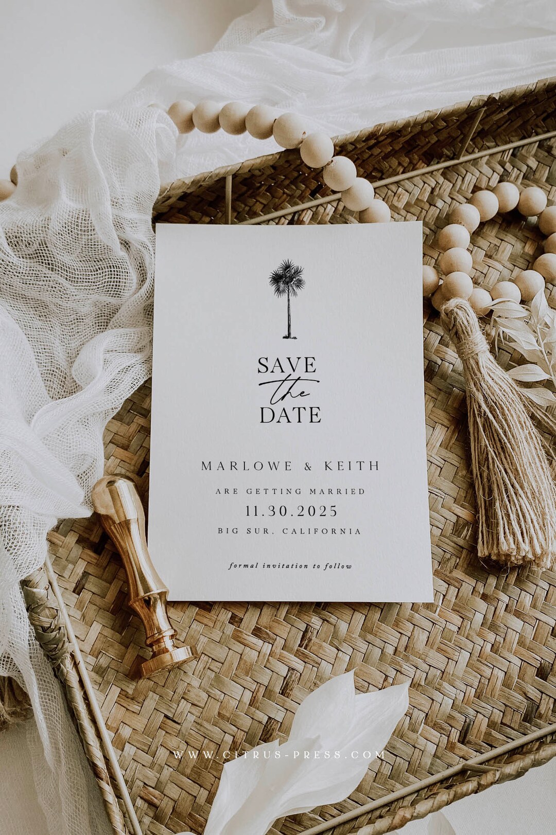 Minimal Palm Tree Save the Date Card, 5x7 Modern Black Palm Tree Card ...