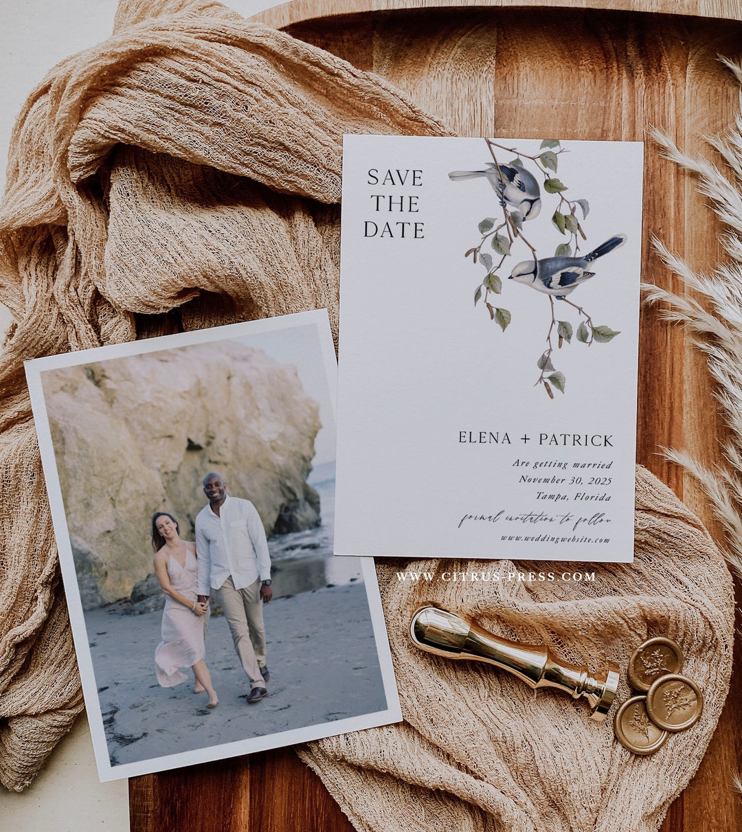 Birds Save the Date, Printable Template, Love Birds Botanical Bird ...