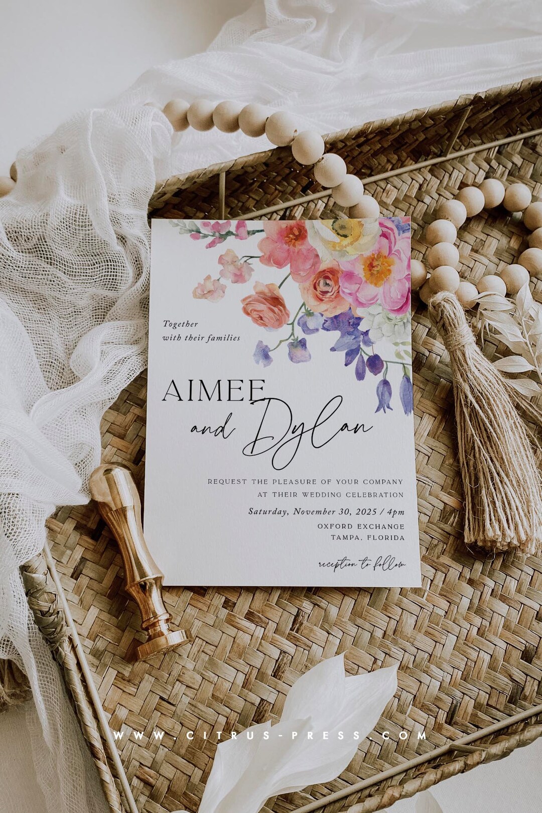 Spring Floral Bloom Wedding Invitation, Wilf Flower Invite, Field Flowers Wedding Template ...