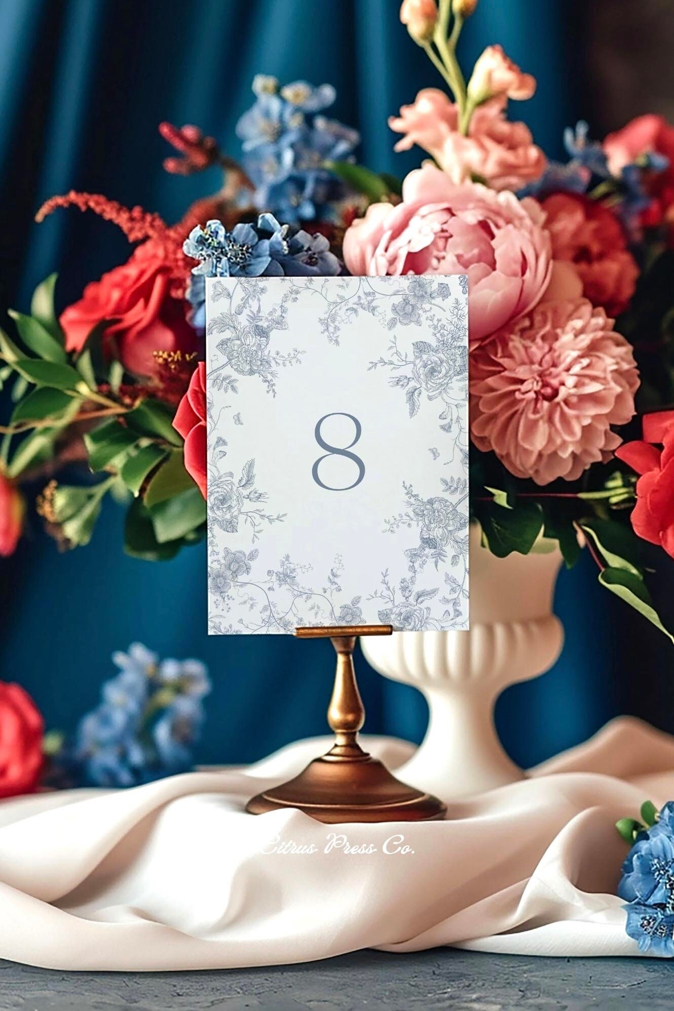 Blue Floral Table Number Cards, Wedding Reception, French Roses ...