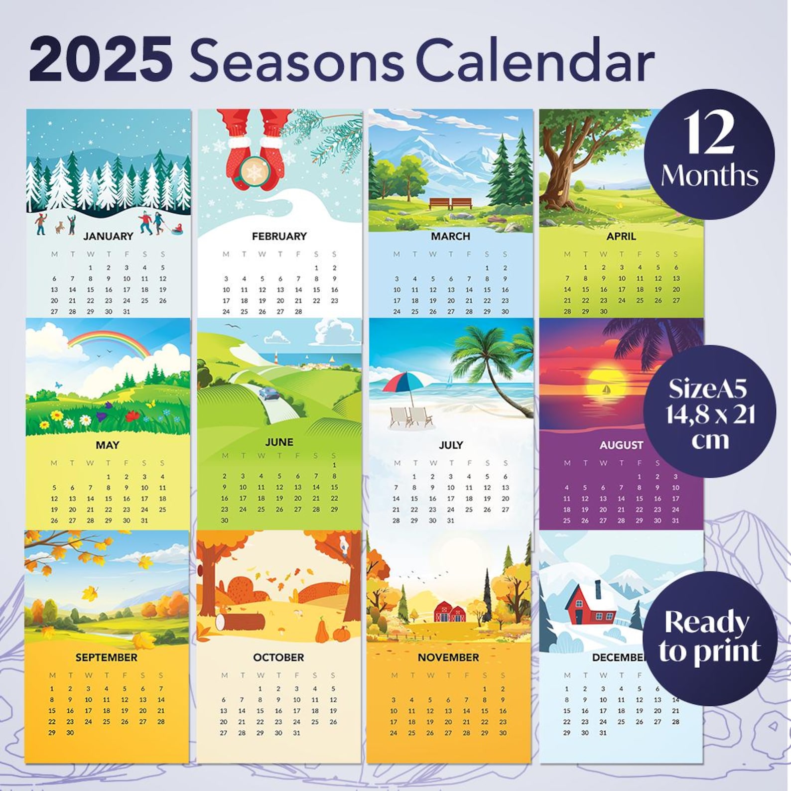 2025 Nature 4 Seasons Calendar, Printable 2025 Calendar, Seasonal ...