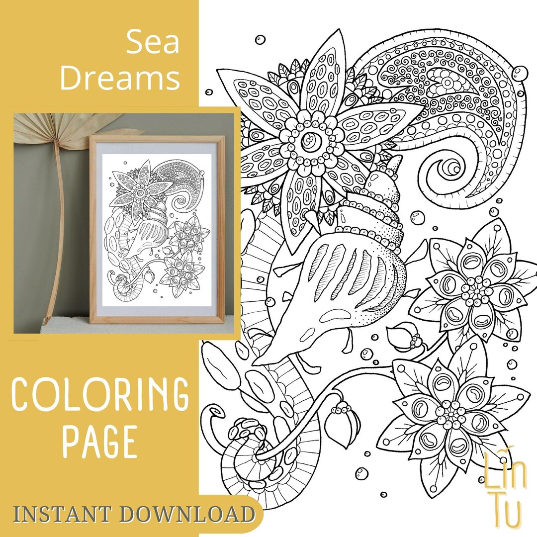 Sea Dreams Coloring Page | Conch, Tentacle & Flowers | Whimsical Wall ...