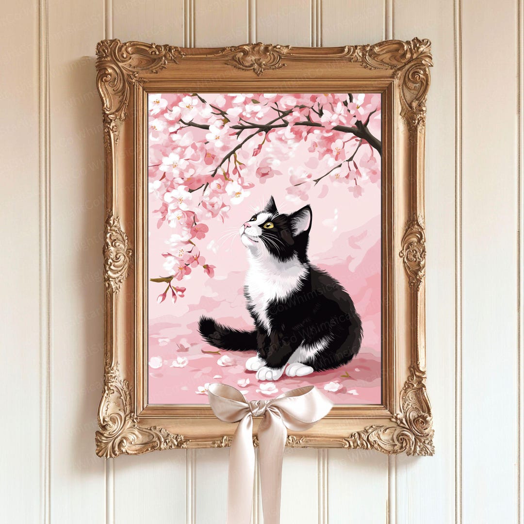Sakura Tuxedo Cat Wall Art - Japanese Cherry Blossom Flowers Spring ...