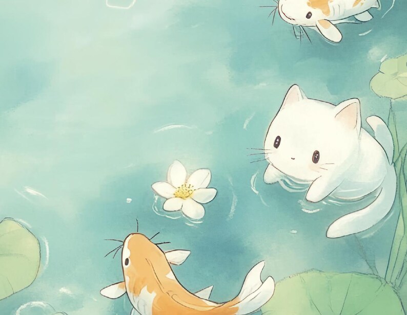 Sticky Notes & Writing Paper, Kawaii Cats Swimming in Pond With Koi ...
