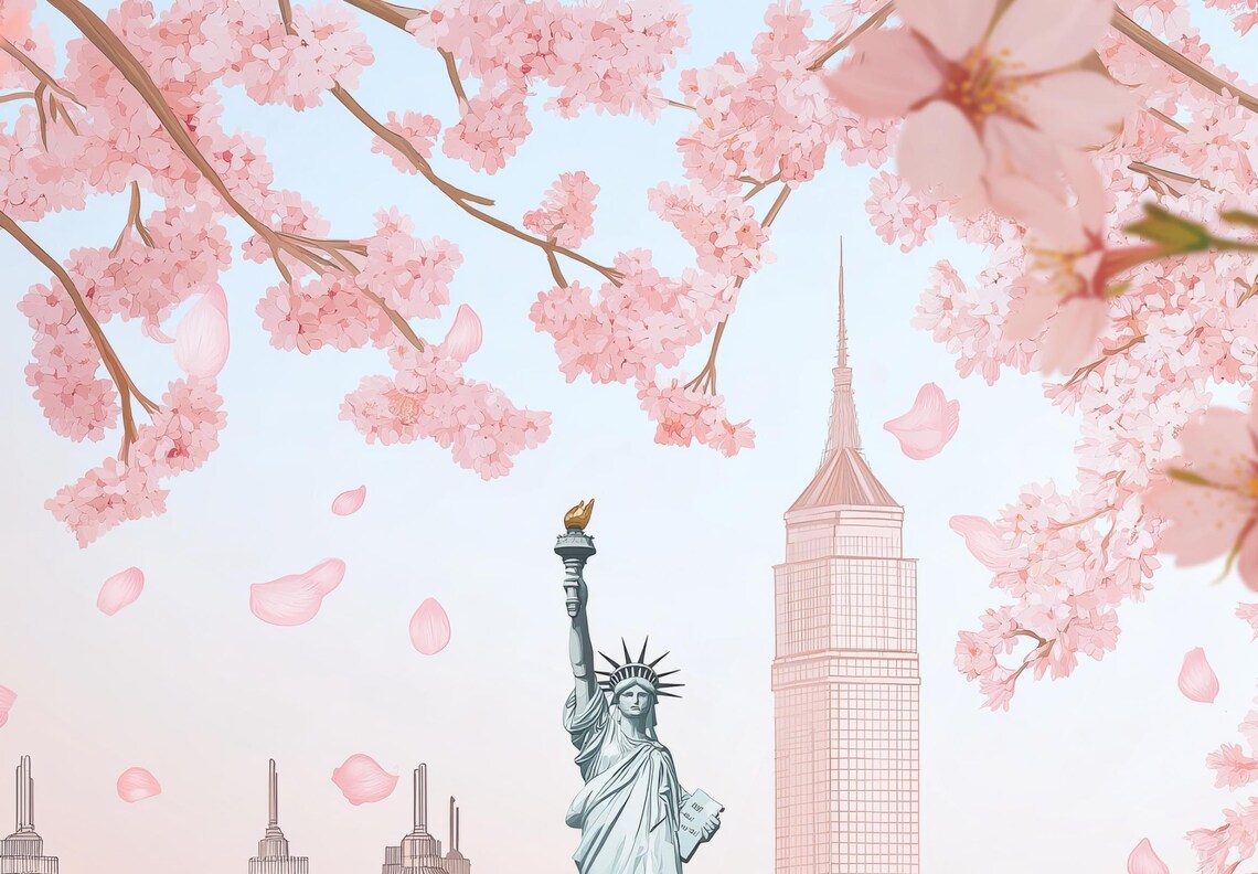 New York Sakura Spring Print, NYC Pink Cherry Blossom Summer Wall Art ...