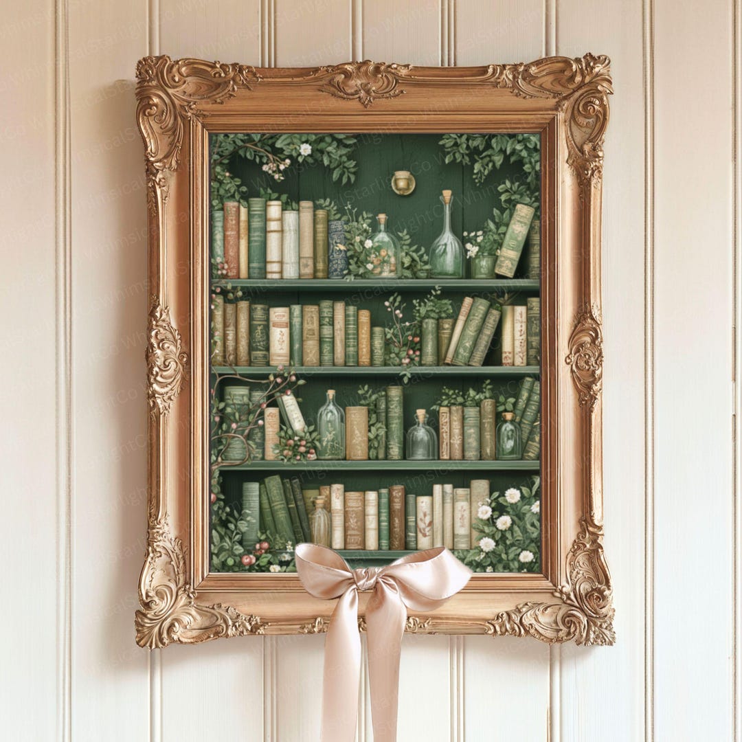 Sage Green Botanical Bookshelf Wall Art – Cozy Cottagecore Bookcase ...