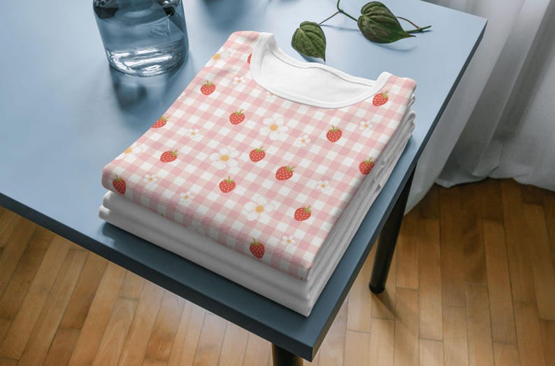 Strawberry Gingham Seamless Pattern Pastel Light Pink Floral Repeating ...