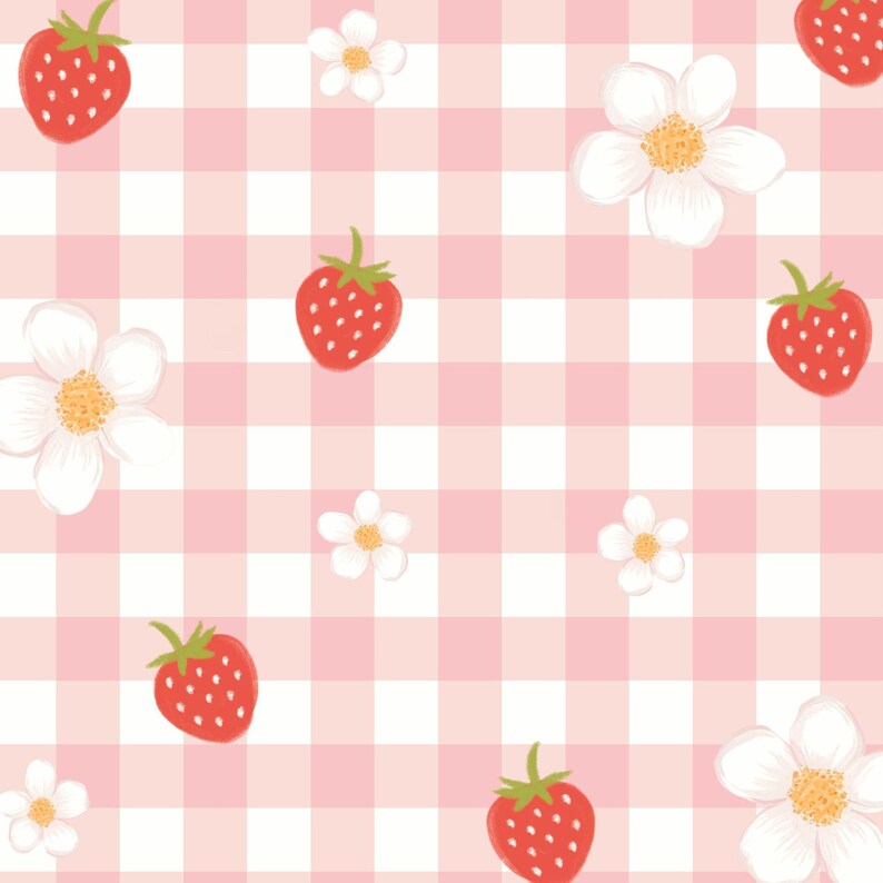 Strawberry Gingham Seamless Pattern Pastel Light Pink Floral Repeating ...
