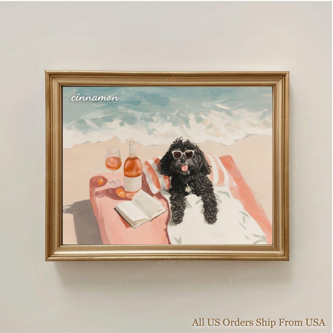 Black Poodle Dog at Beach Wall Art, Black Cavapoo, Black Cockapoo ...