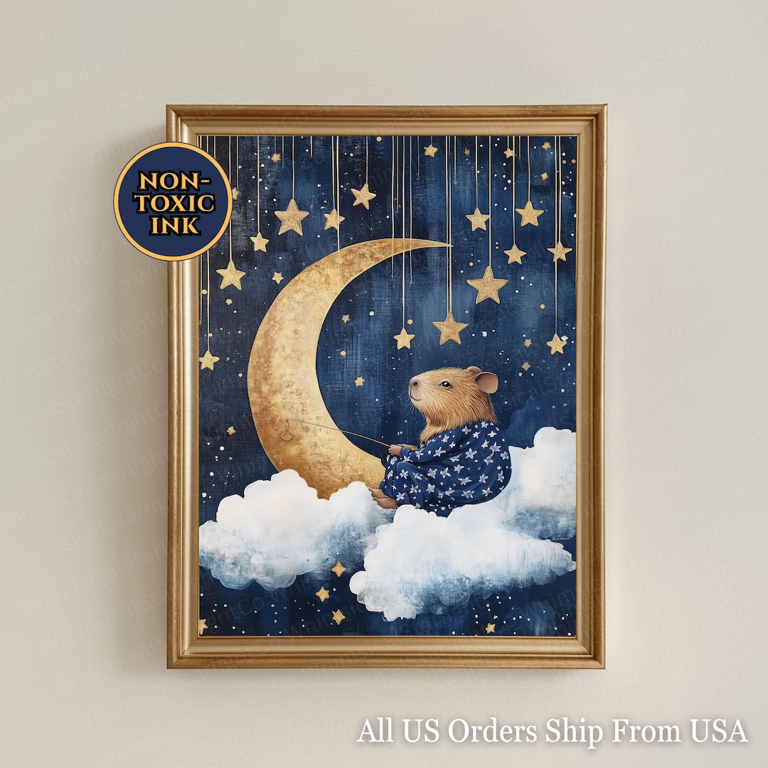 Capybara Canvas Painting Print Capybara Sitting on Crescent Moon Cute ...