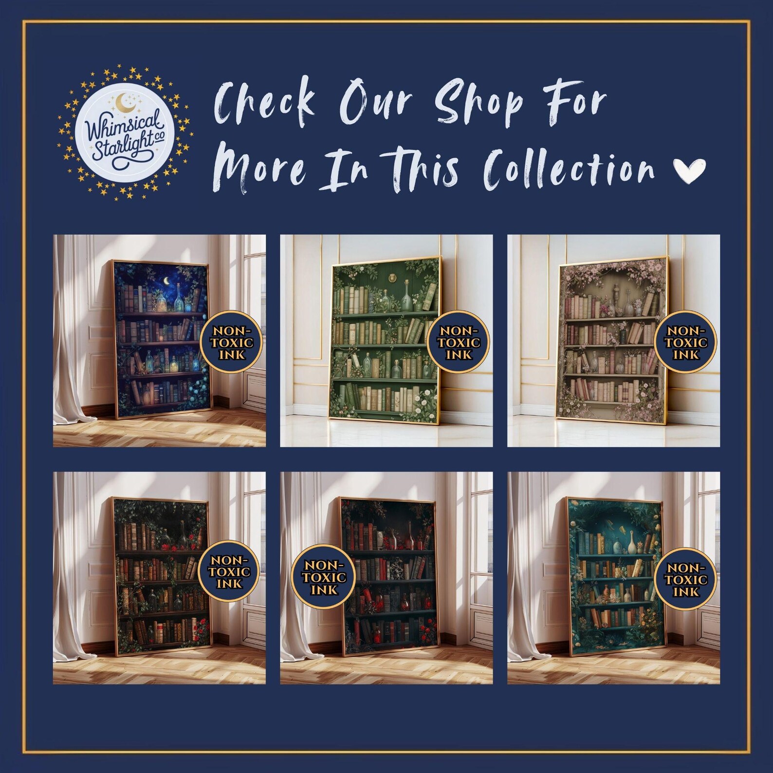 Midnight Botanical Bookshelf Celestial Night Library Wall Art Print ...