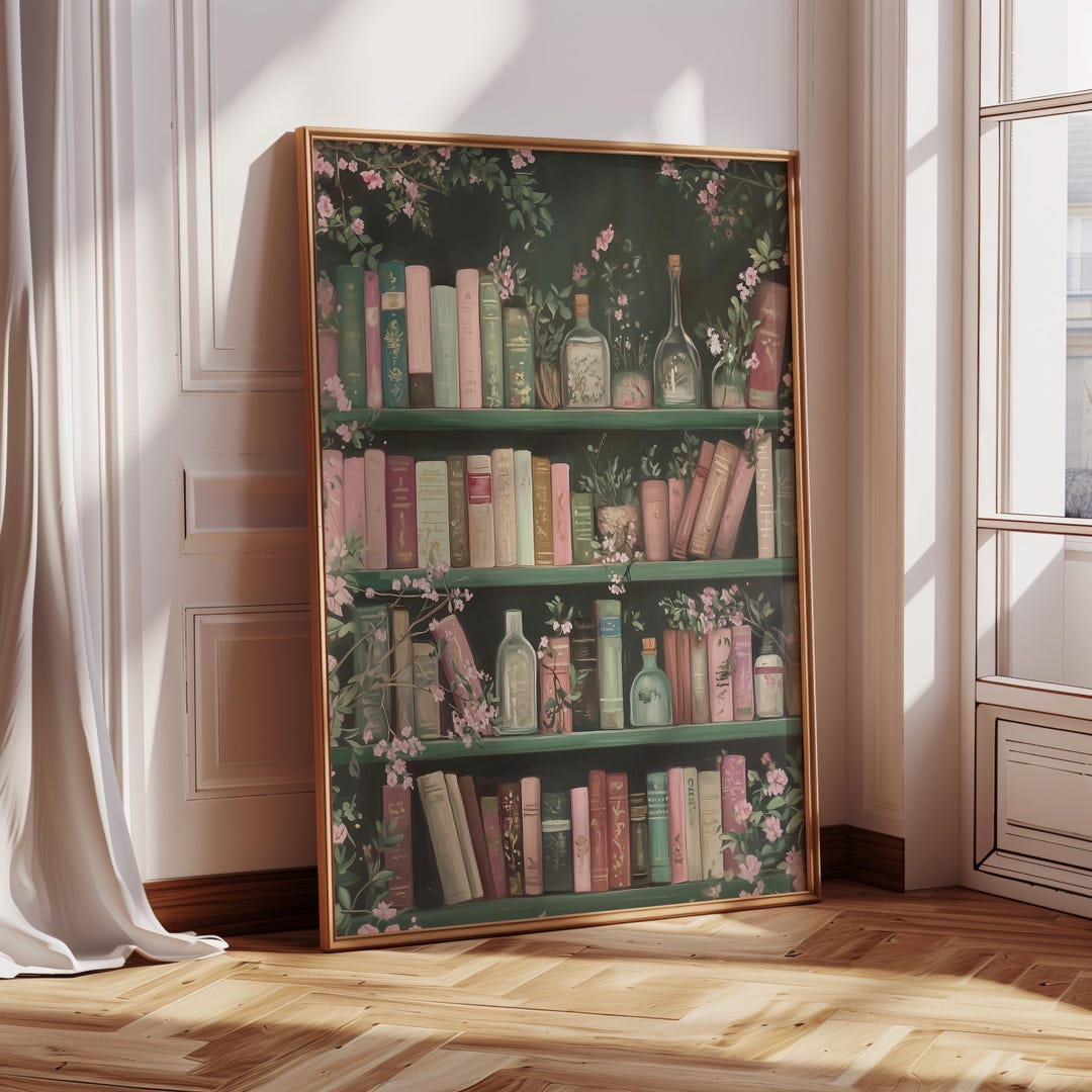 Sakura Spring Bookshelf Wall Art, Cherry Blossoms Home Library Decor ...
