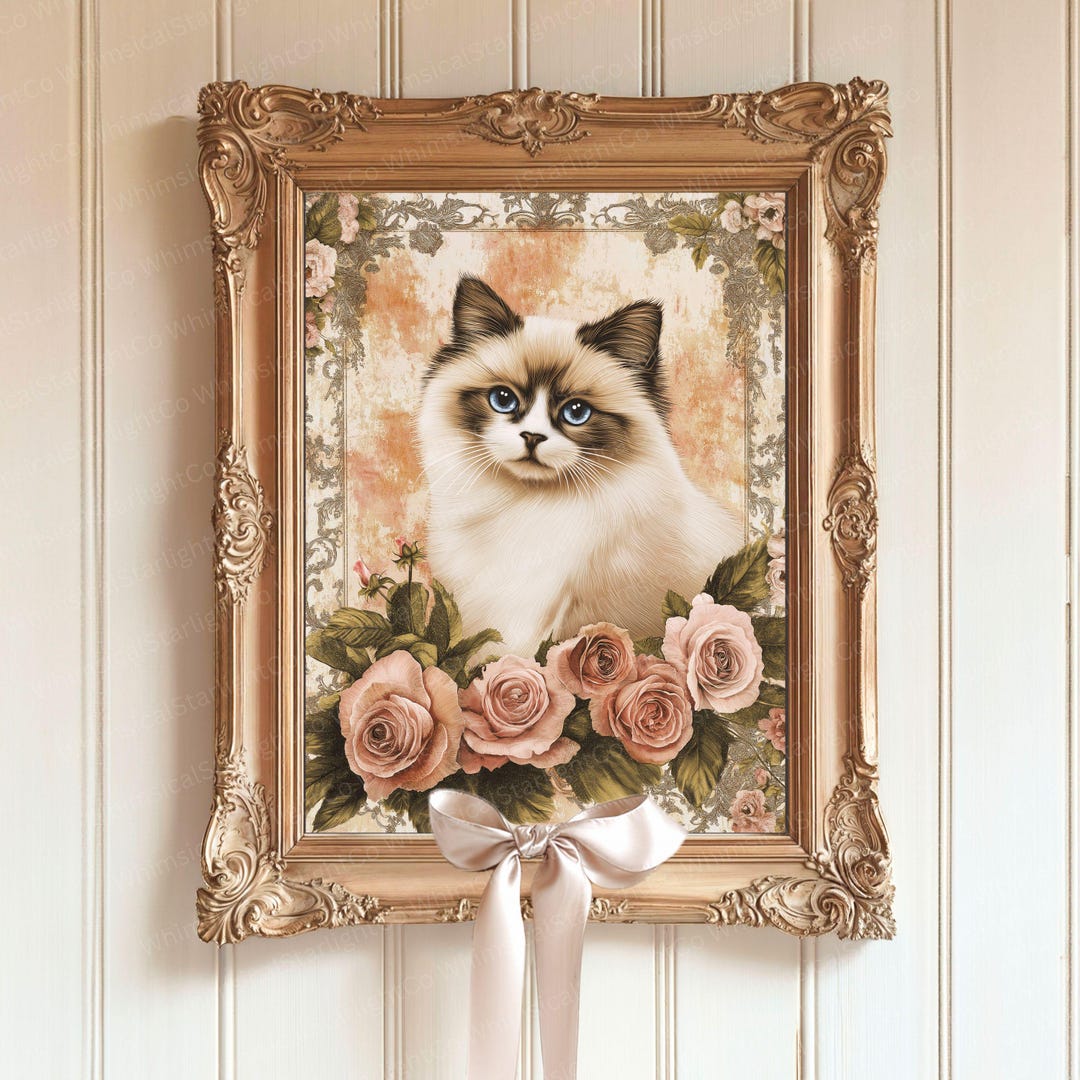 Seal Point Ragdoll Cat Print, Floral Ragdoll Cat Wall Art, Ornate ...