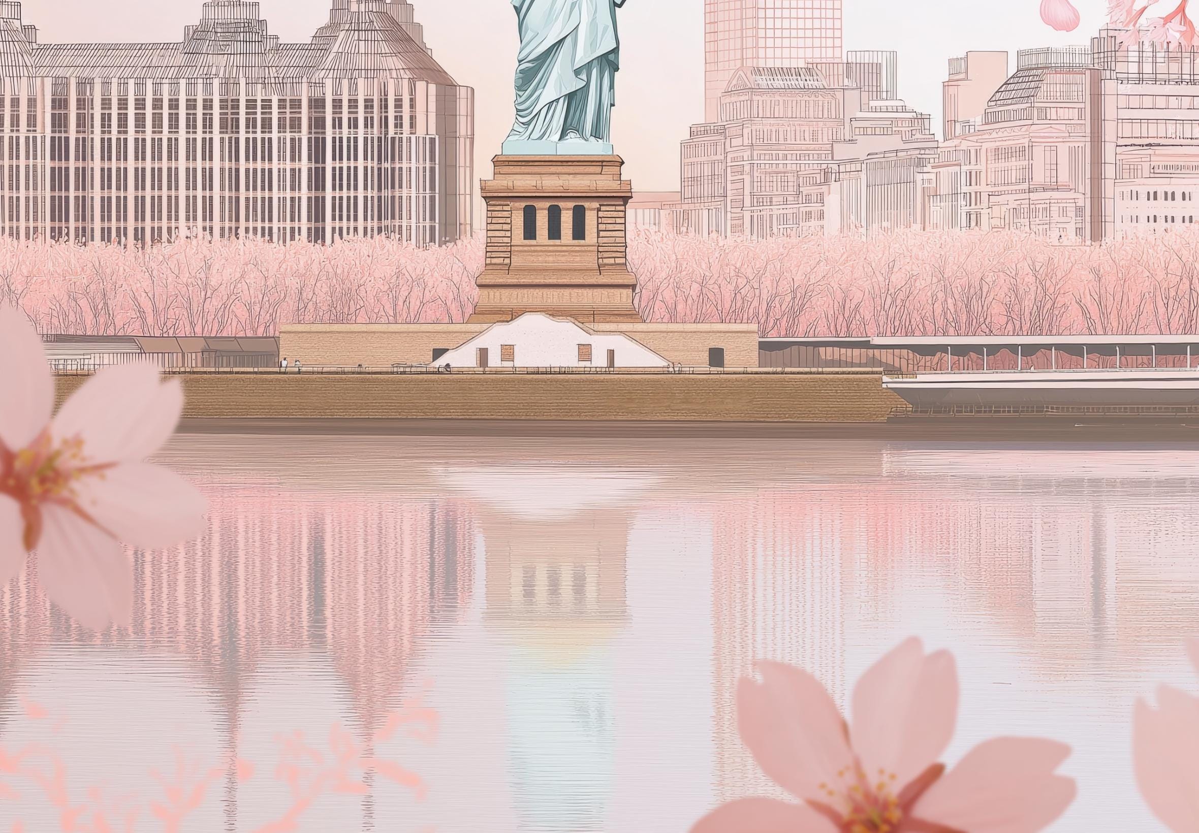 New York Sakura Spring Print, NYC Pink Cherry Blossom Summer Wall Art ...