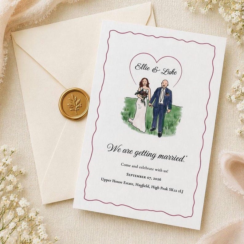 Custom Wedding Invitation | Illustrated Couple Portrait | Personalised ...