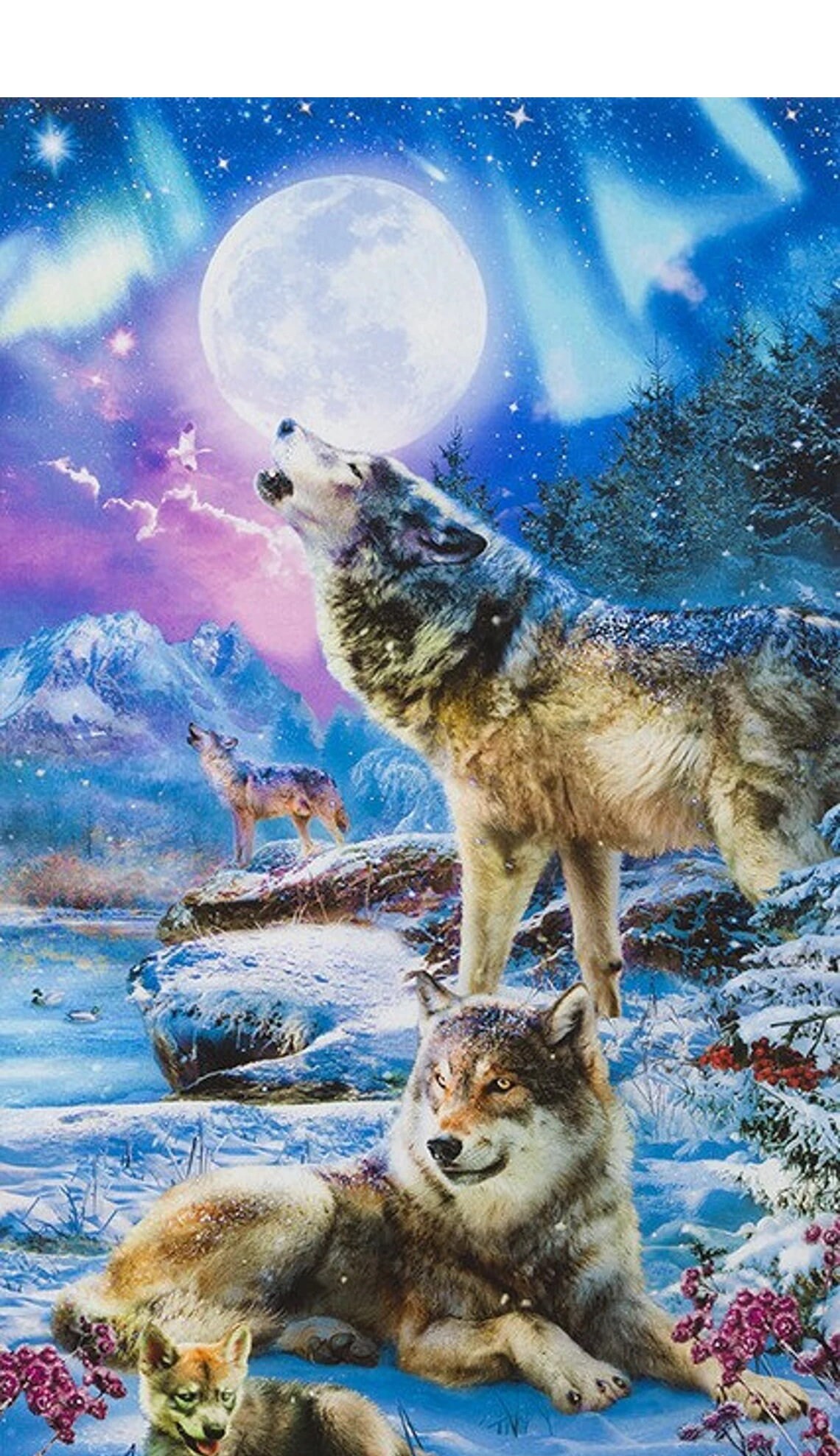 Wolf Fabric Panel, 24"x44", Wolves Howling Under Full Moon, Aurora ...