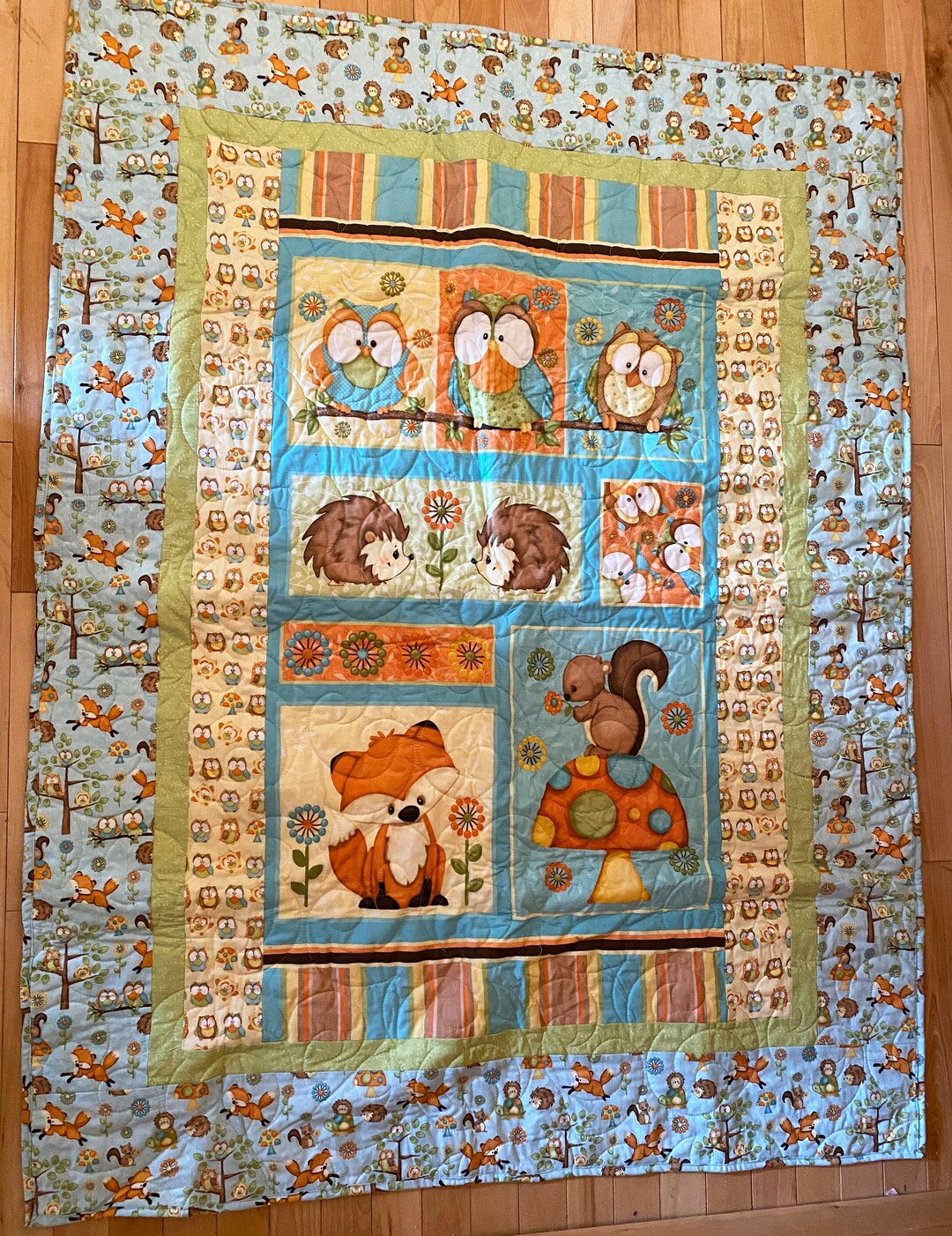 Forest Animals 42" X 56", Crib Quilt, Toddler Quilt, Hedgehog Squirrel ...