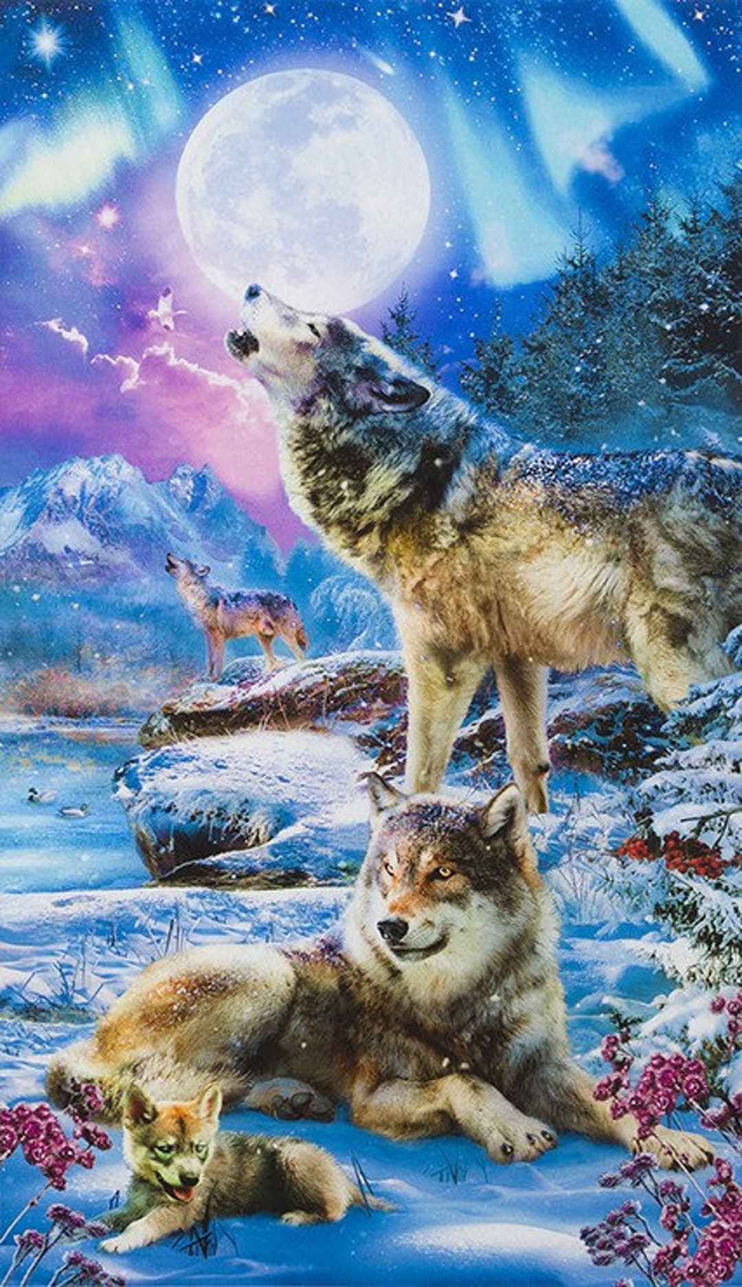 Wolf Fabric Panel, 24"x44", Wolves Howling Under Full Moon, Aurora ...