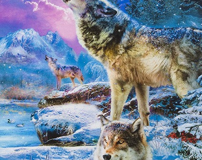 Wolf Fabric Panel, 24x44, Wolves Howling Under Full Moon, Aurora ...
