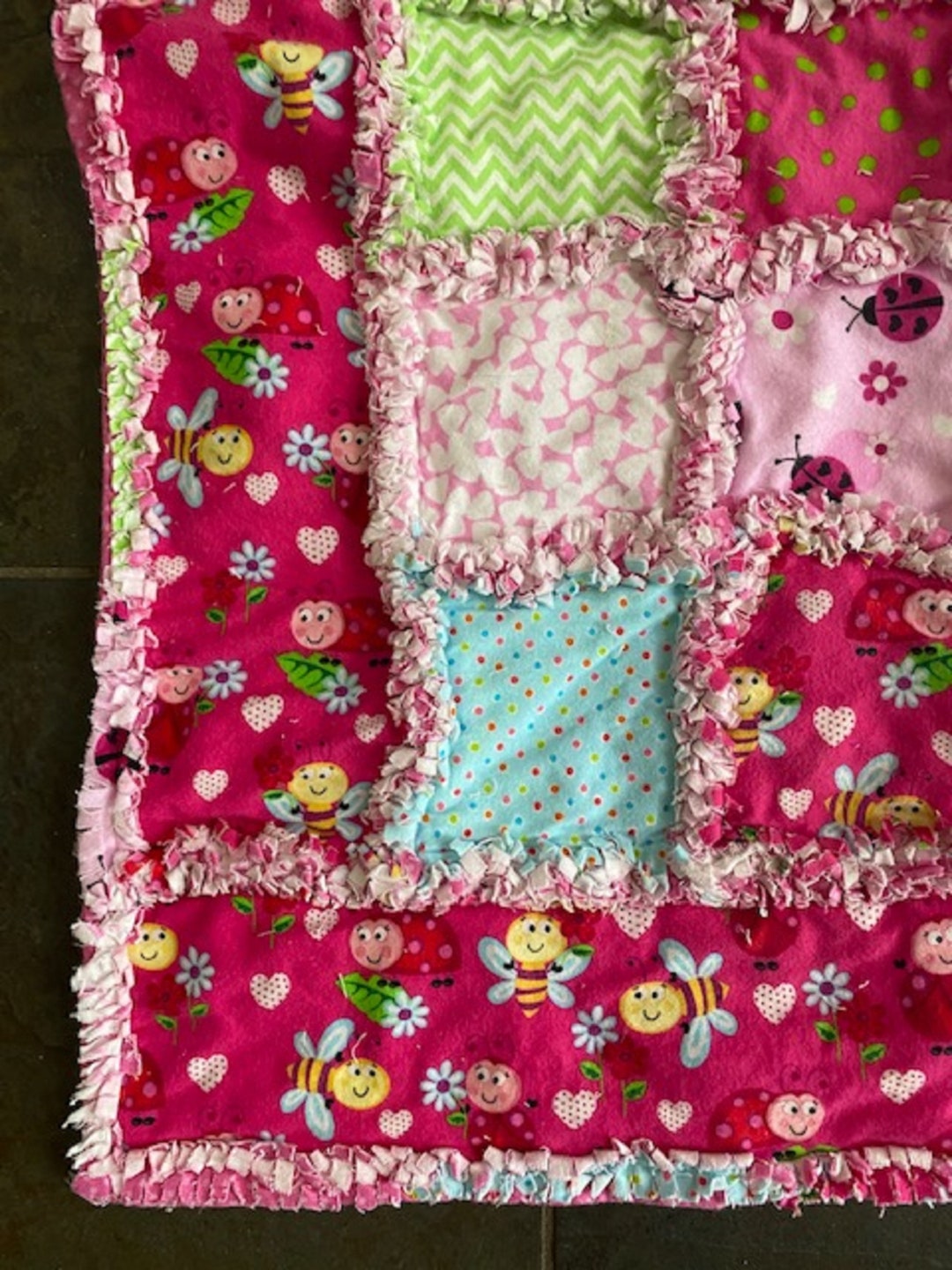 Pink Ladybugs and Bees, Rag Quilt, Baby and Toddler Quilt, Baby Shower ...
