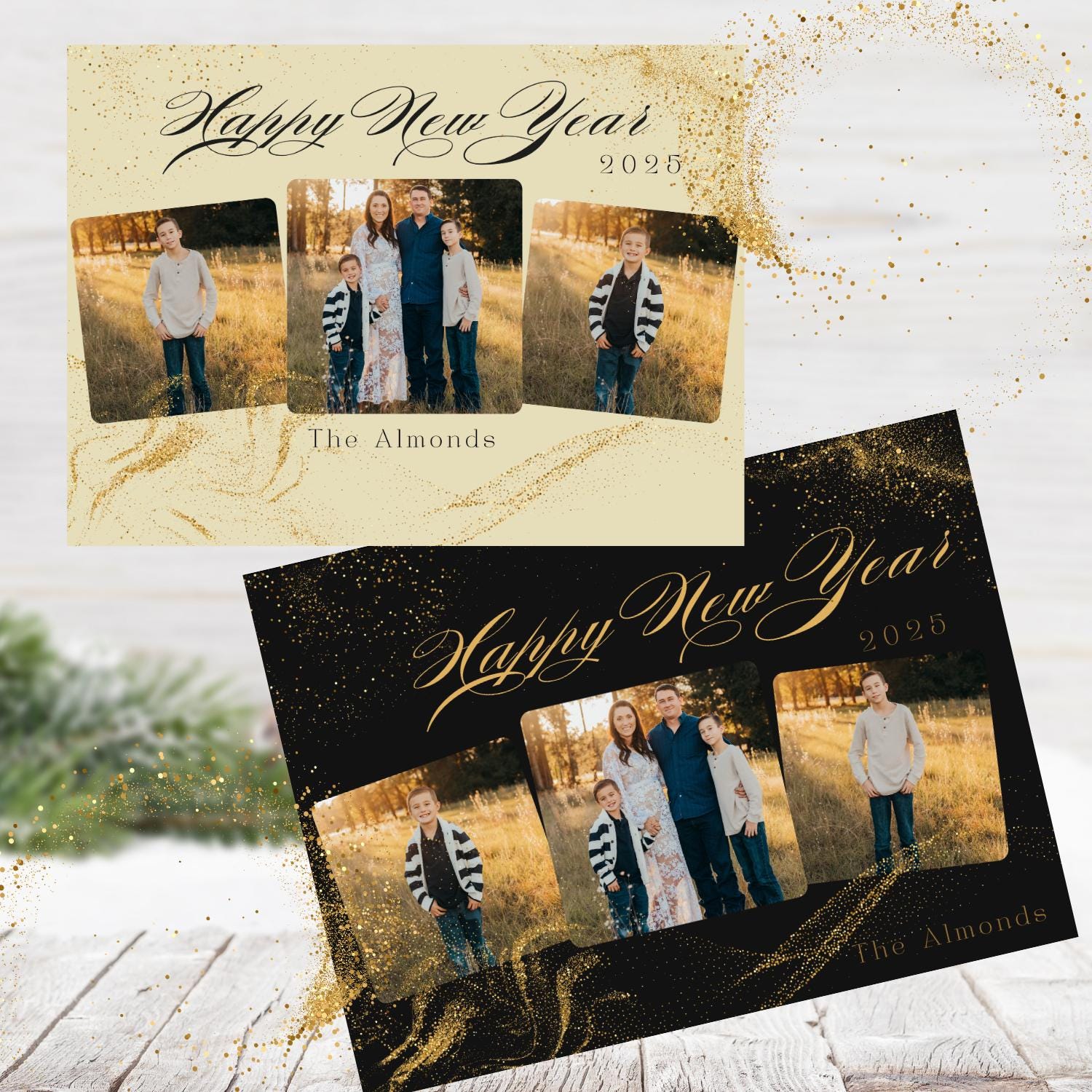 New Years 2025 Photo Card Template, Gold Holiday Photo Card Printable ...