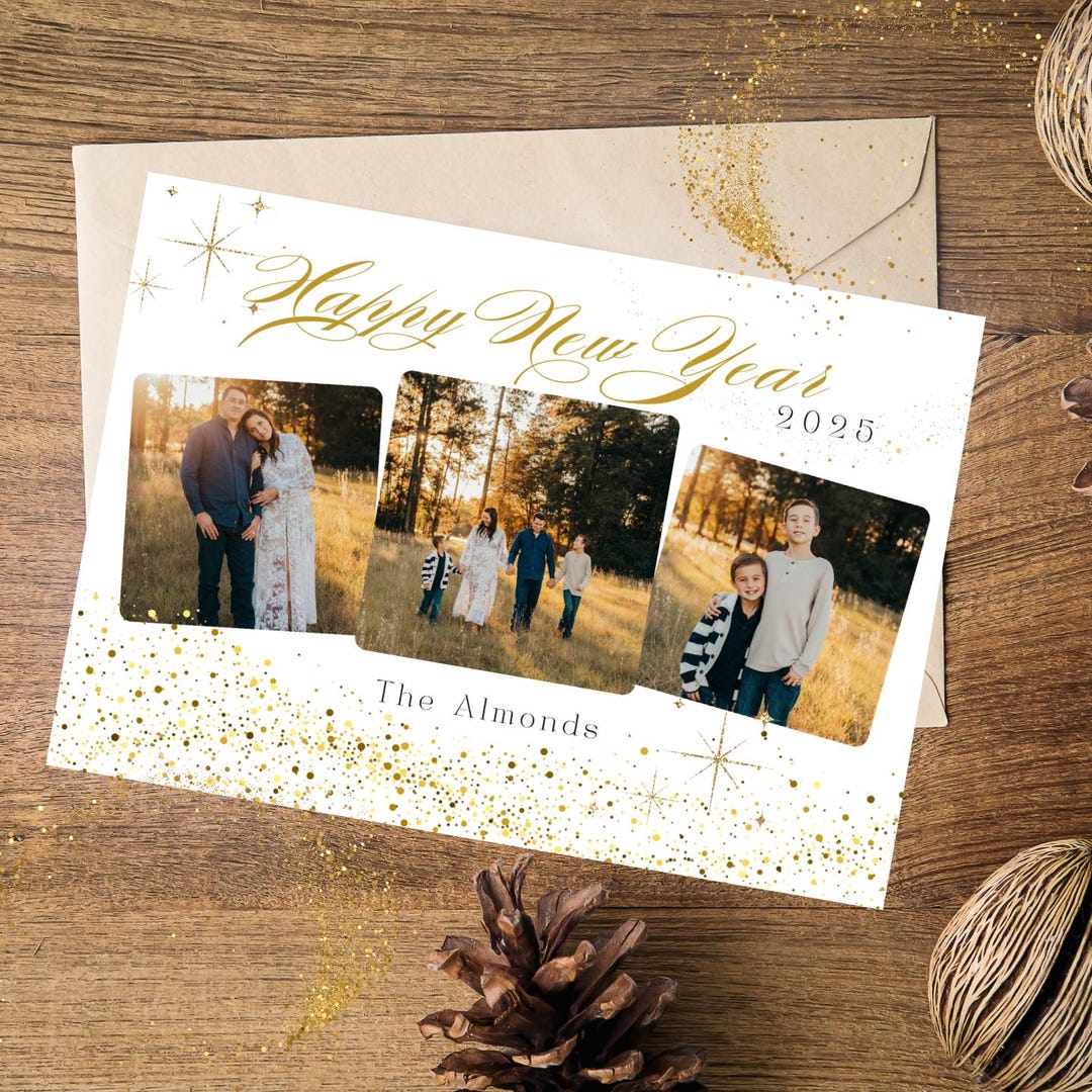 New Years 2025 Photo Card Template, Gold Holiday Photo Card Printable ...