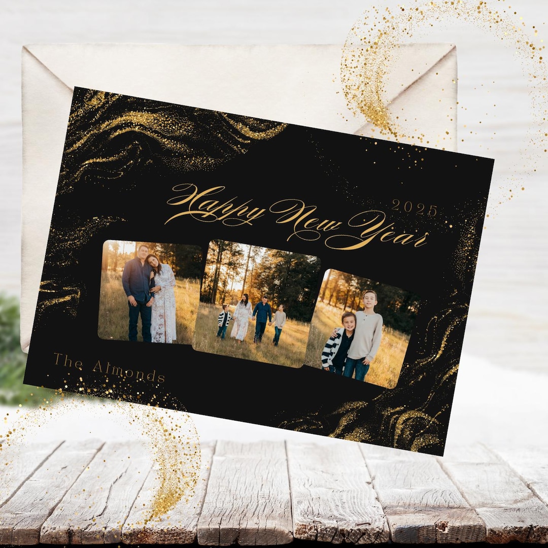 Black and Gold New Years 2025 Photo Card Template (canva Editable) - Etsy