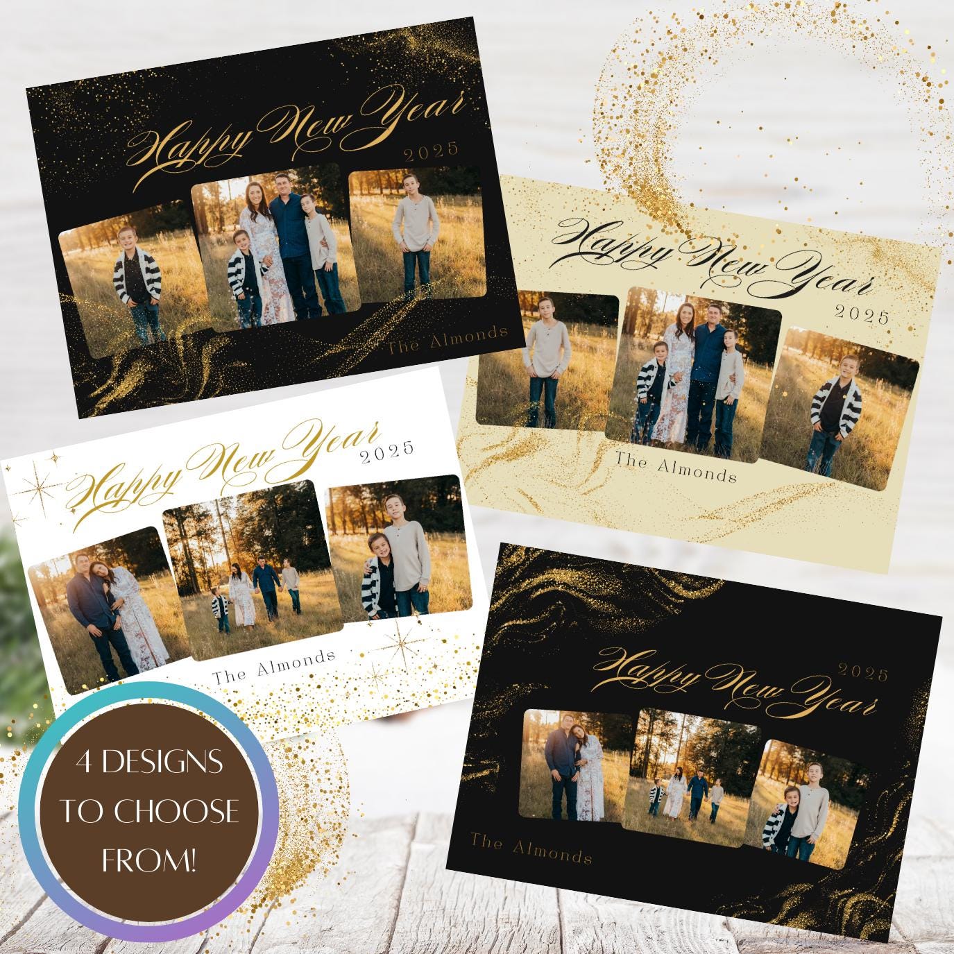 New Years 2025 Photo Card Template, Gold Holiday Photo Card Printable ...