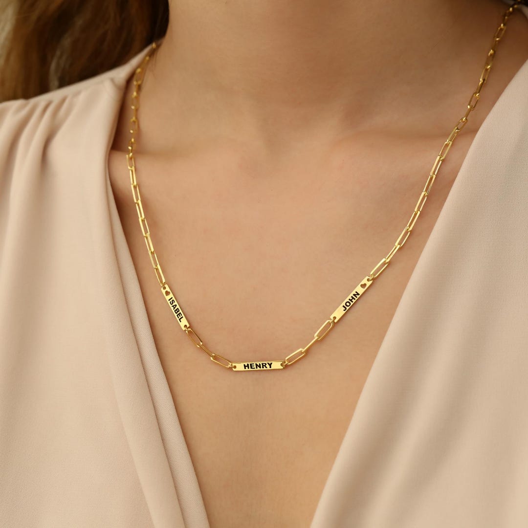 Engraved Charm Paperclip Necklace, 14k Gold Plated Initial Necklace ...