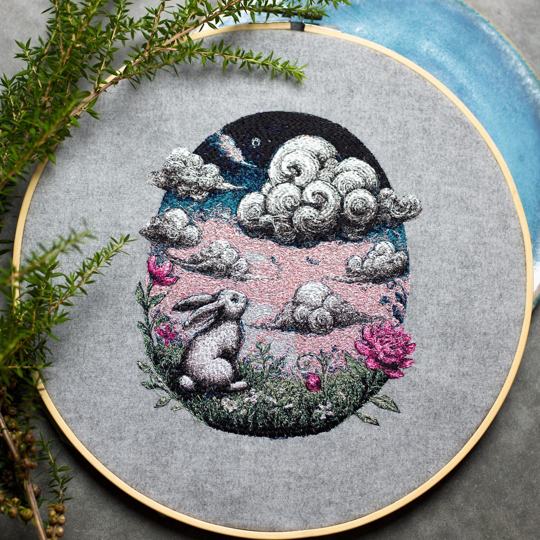 Bunny Beneath the Painted Sky - Rabbit Machine Embroidery Design - Etsy