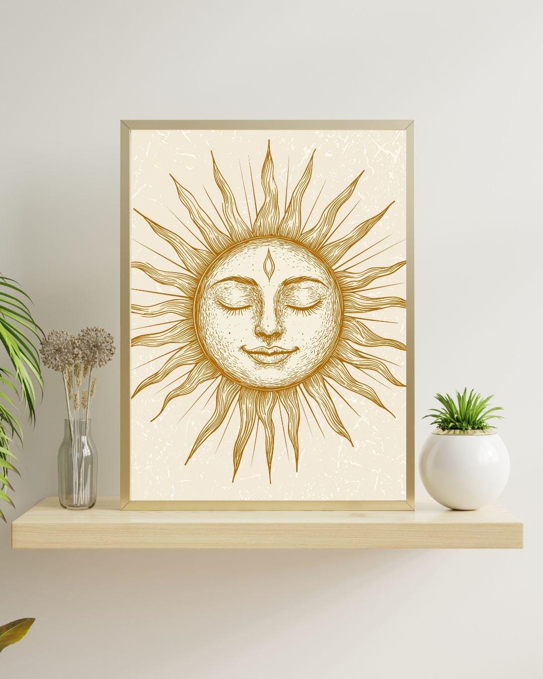 Line Art Sun Rays – Celestial Sun Face Line Drawing, Boho Spiritual ...