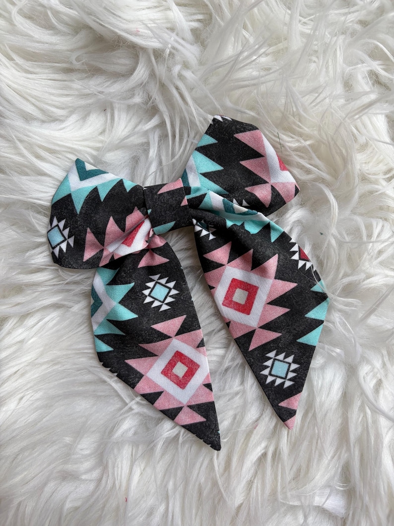Western Boho Fabric Hair Bow, Aztek Geometric Pattern, Pink and ...