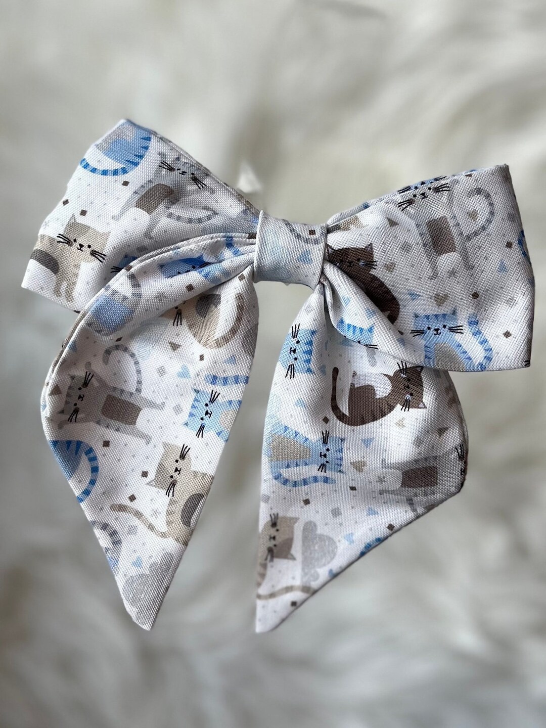 Cat Print Fabric Sailor Bow With Tails, 5 Inch Hair Bow, Cute Kitten ...